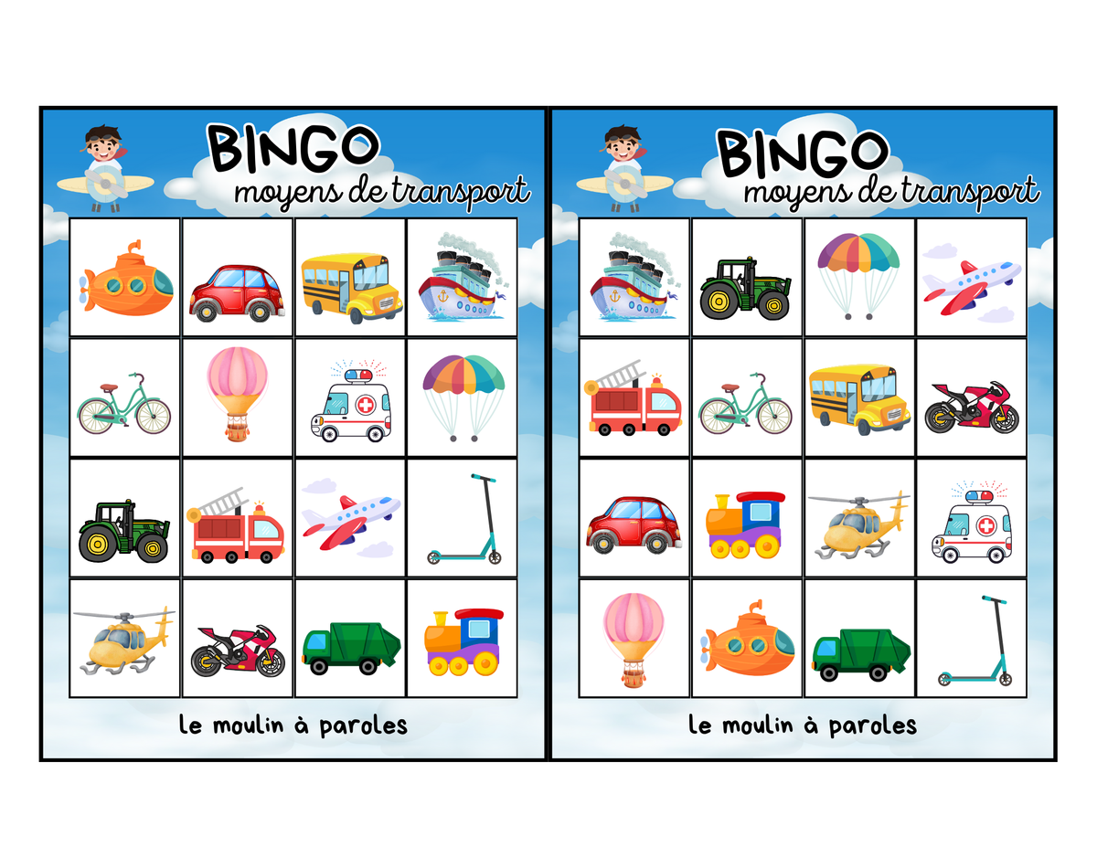 Bingo des moyens de transport – Le Moulin à Paroles