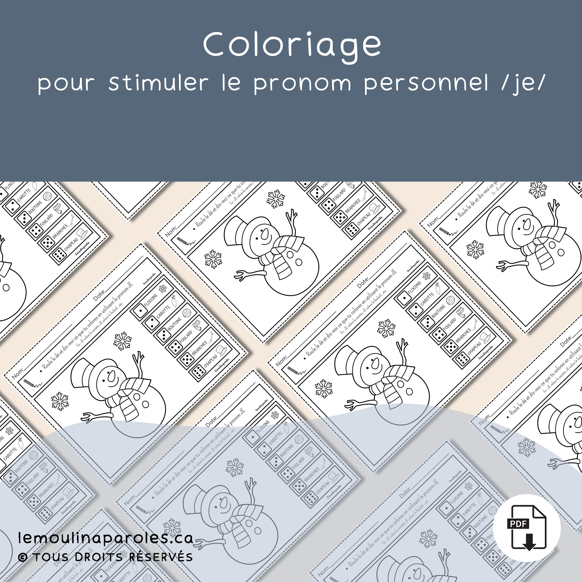 Roule, nomme et colorie – Le bonhomme de neige – Le Moulin à Paroles