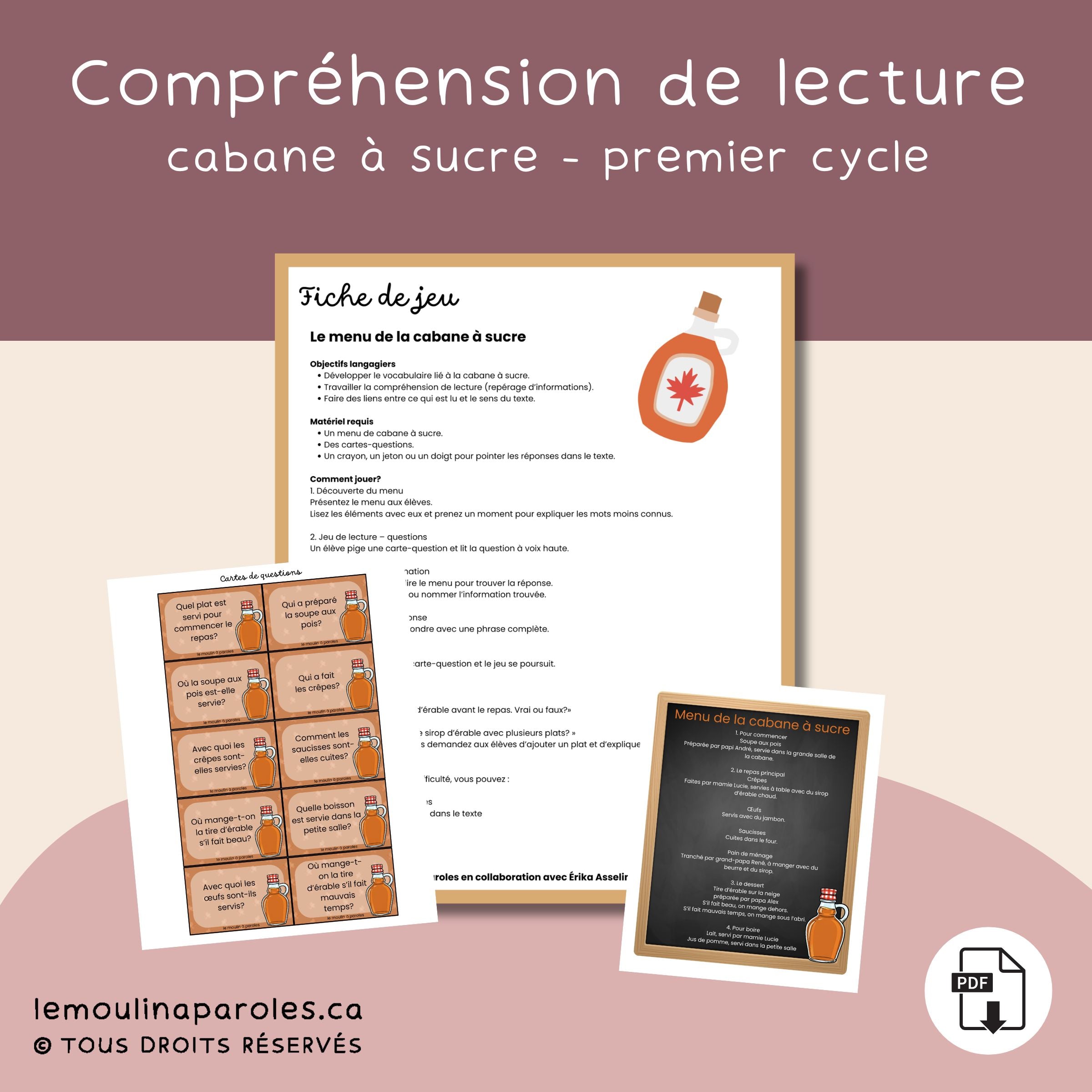 Le menu de la cabane à sucre – Activité de compréhension de lecture ...